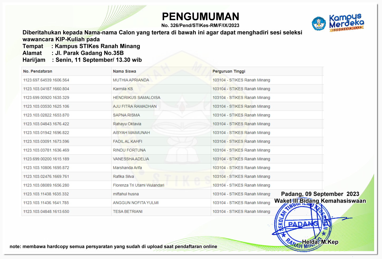 Pengumuman seleksi wawancara calon penerima KIP-Kuliah 2023 | STIKES ... Pengumuman seleksi wawancara calon penerima KIP-Kuliah 2023 | STIKES ...